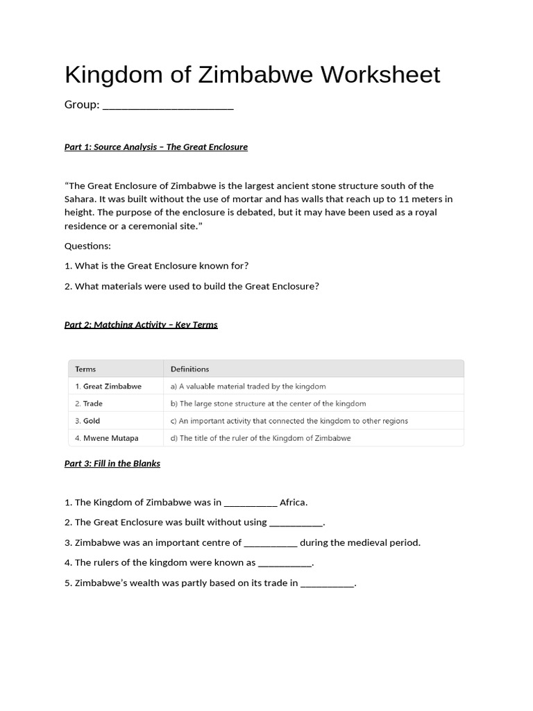 Kingdom of Zimbabwe Worksheet | PDF