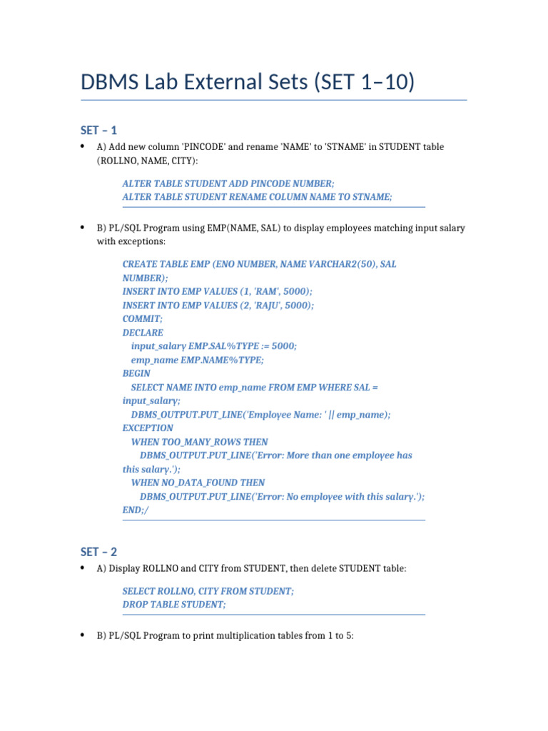 DBMS Lab External Sets 1 To 10 FULL | PDF | Pl/Sql | Data