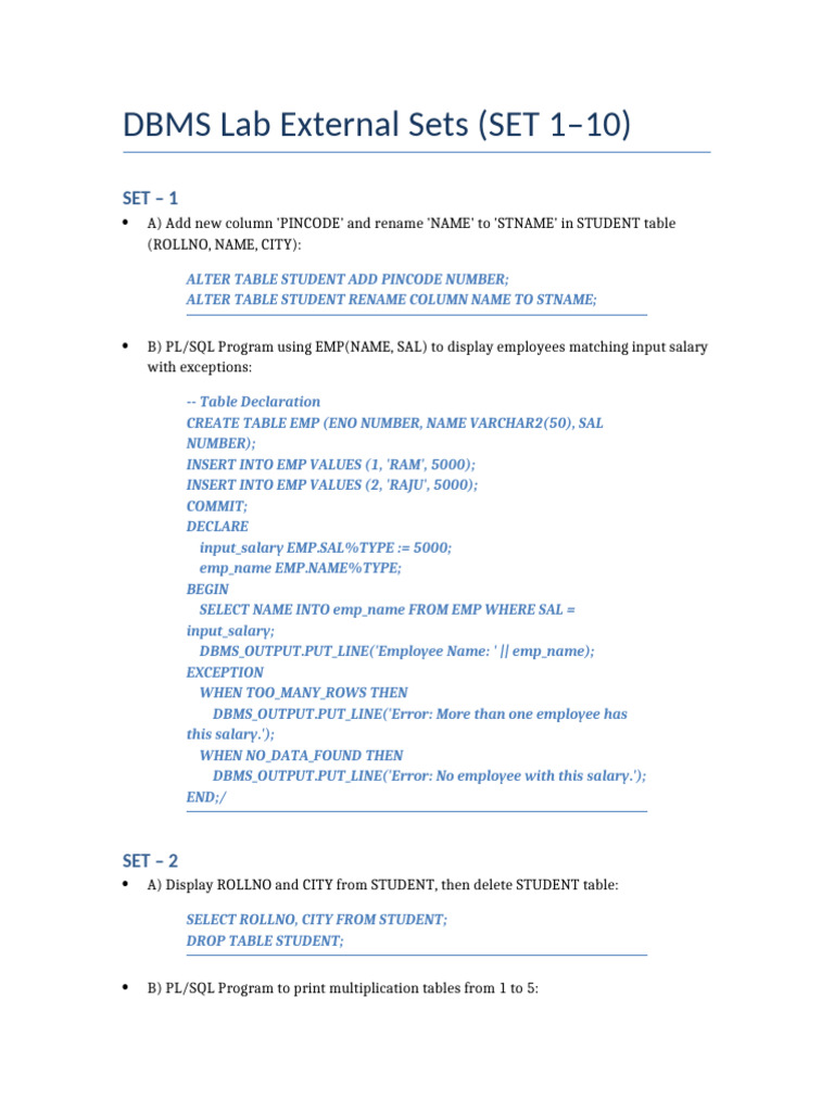 DBMS Lab External Sets 1 To 10 | PDF