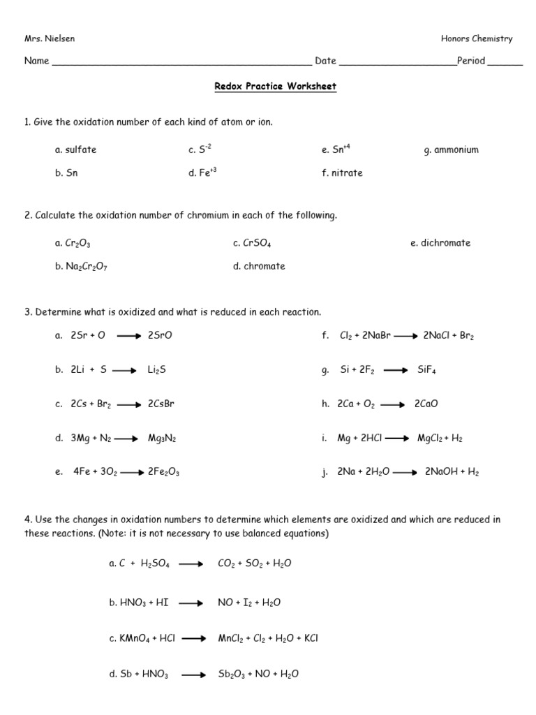 Redox Reactions Practice Worksheet | PDF