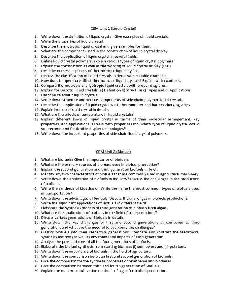 CBM Unit 1-3 Practice QN | PDF | Liquid Crystal | Nanocomposite