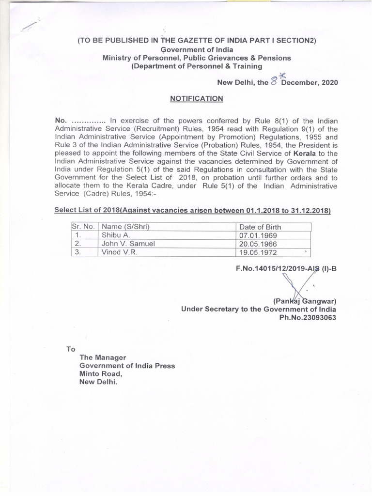 Appointment by Promotion To IAS Kerala Cadre From The Select List of ...