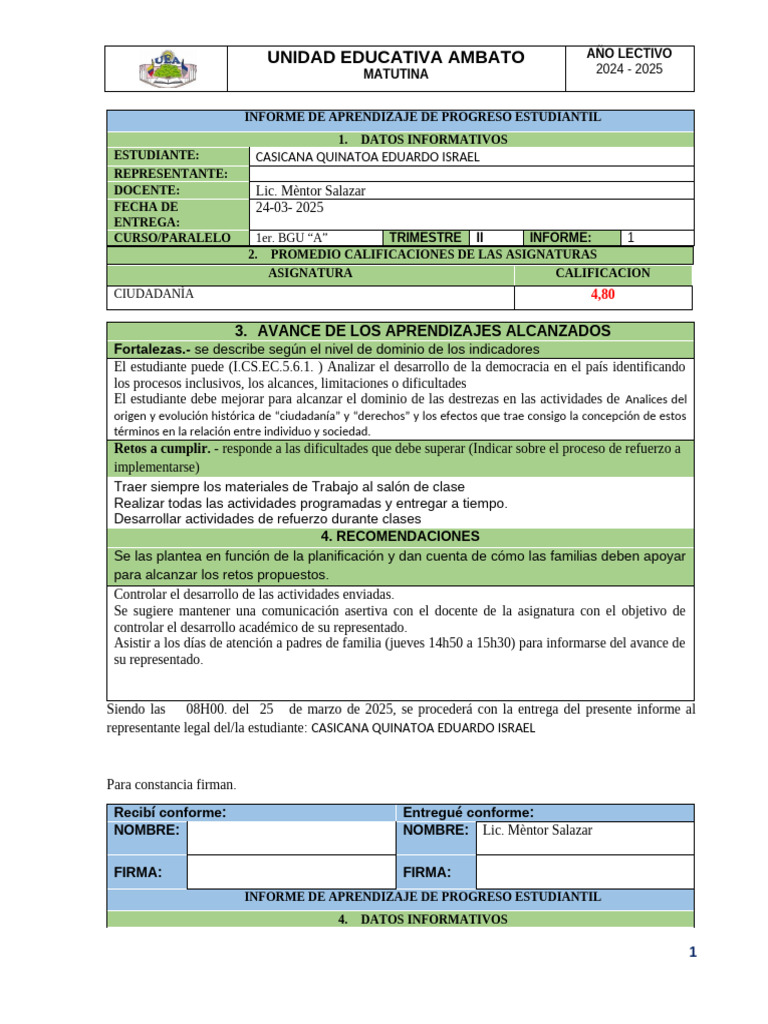 1ro C Informe Progreso Est | PDF | Ciudadanía | Aprendizaje