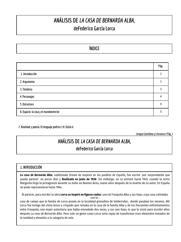 Análisis de - La Casa de Bernarda Alba | PDF | Federico García Lorca ...