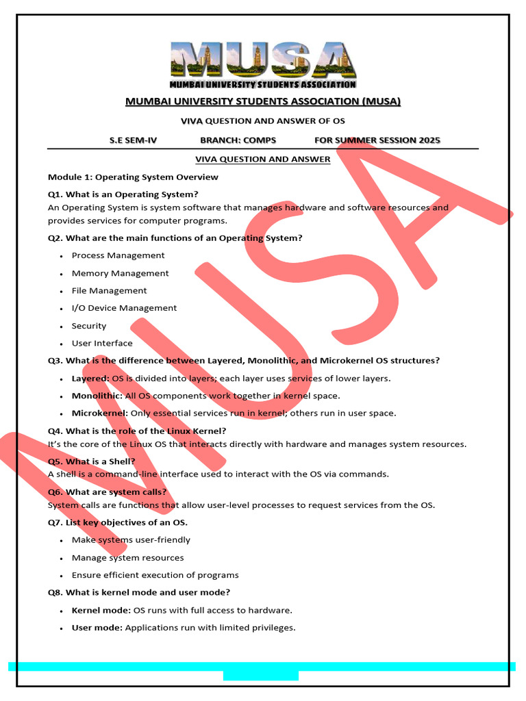 Os Viva Q&a | PDF | Operating System | Kernel (Operating System)