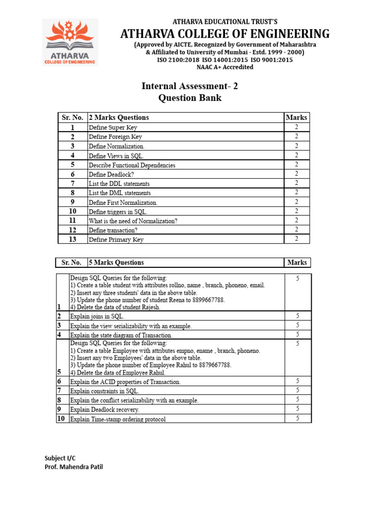 DBMS IA2 Question Bank.docx | PDF | Sql | Data Model