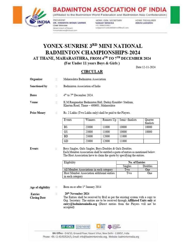 U-11 Mini National Badminton Championships | PDF