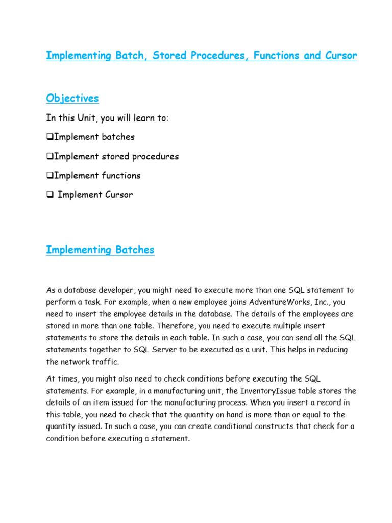 Implementing Batch_stored procedure_UDFfunctions_Cursor | PDF | Parameter (Computer Programming ...