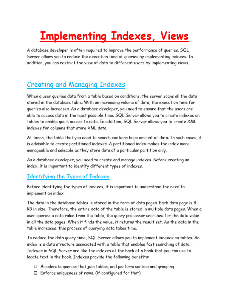 Implementing Indexes Views Pdf Database Index Microsoft Sql Server