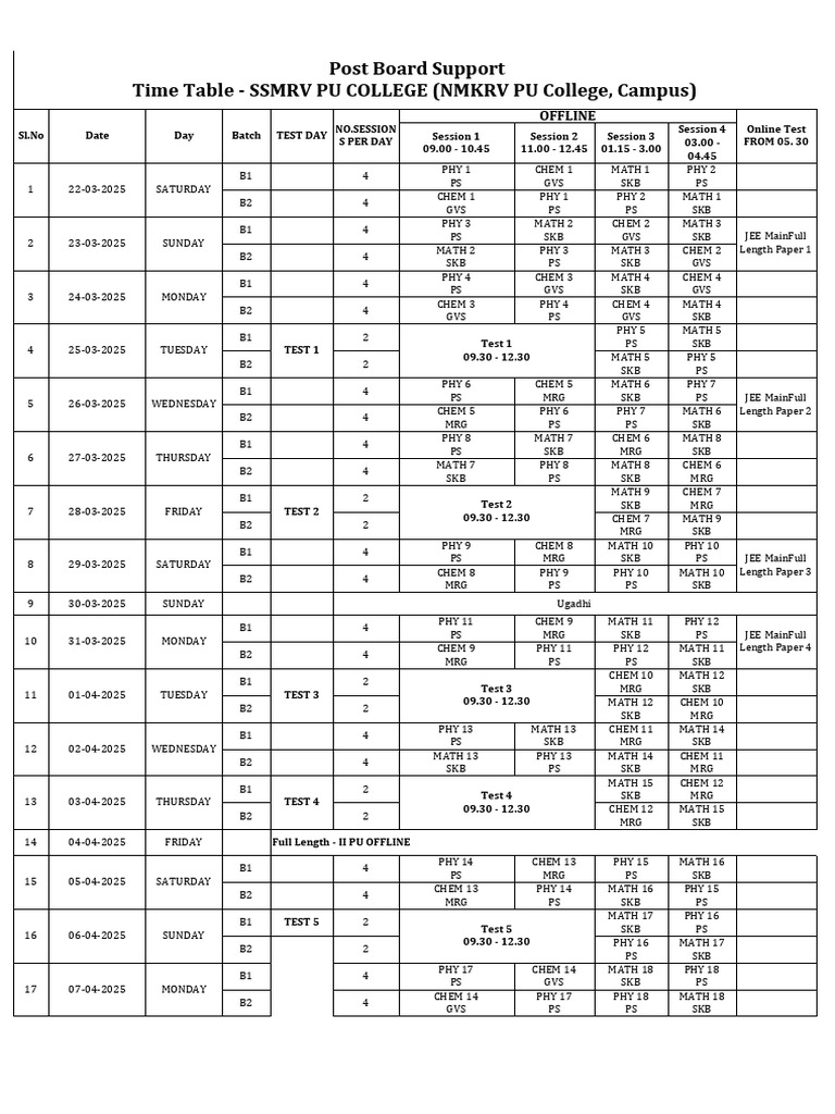 SSMRV PU College, JEE Main Batch Time Table | PDF