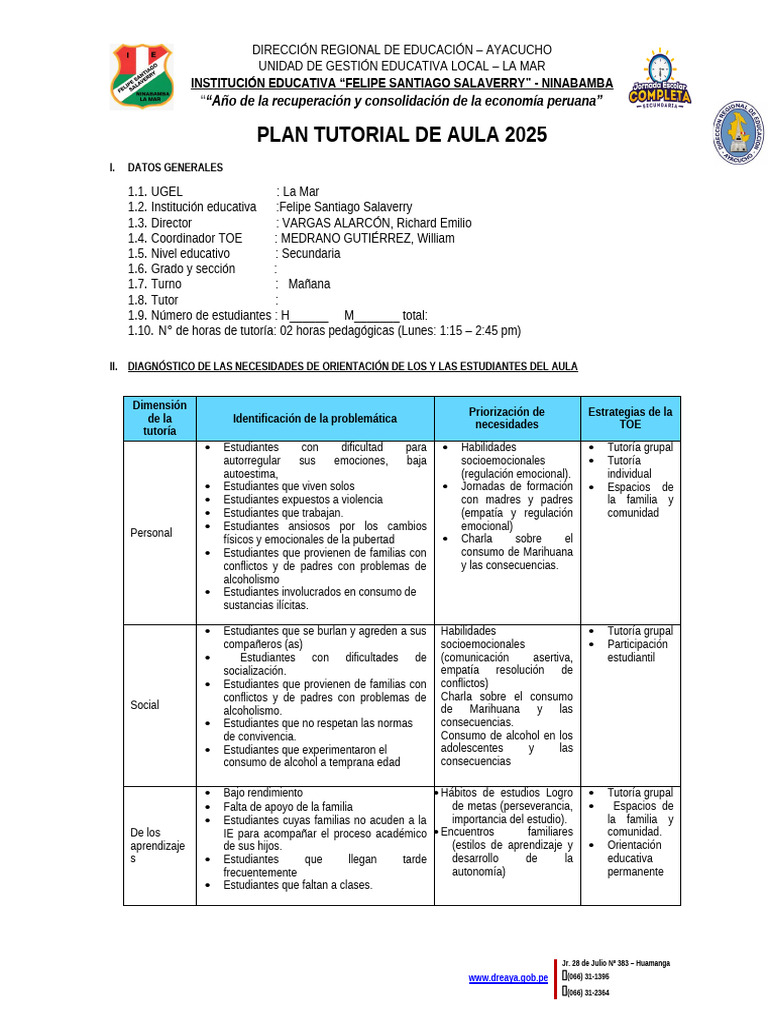 Estructura Del Plan Tutorial de Aula 2025 | PDF | Salón de clases | Relaciones interpersonales
