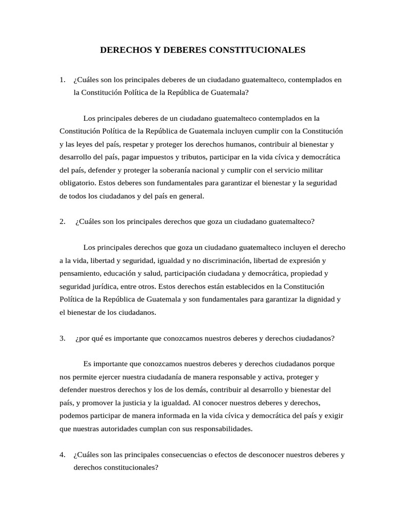 Derechos y Deberes Constitucionales Preguntas | PDF | Derechos | Guatemala