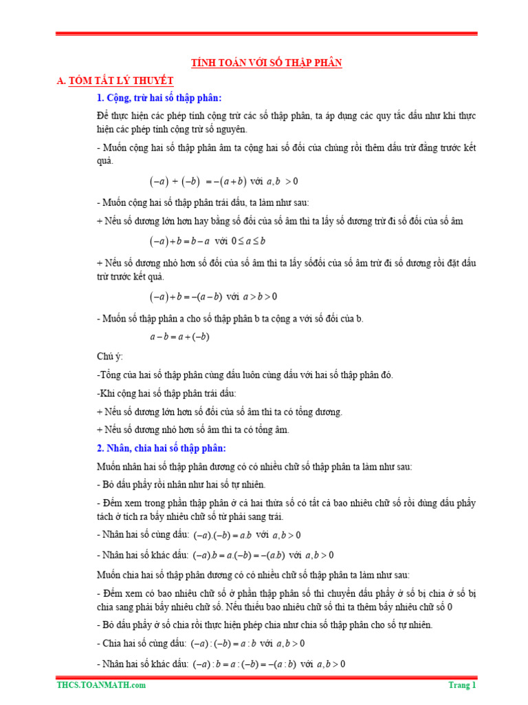 Tom Tat Ly Thuyet Va Bai Tap Trac Nghiem Tinh Toan Voi So Thap Phan | PDF