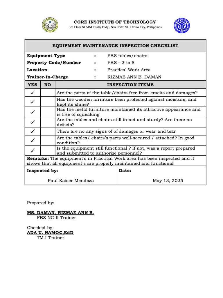 4 EQUIPMENT MAINTENANCE INSPECTION CHECKLIST | PDF