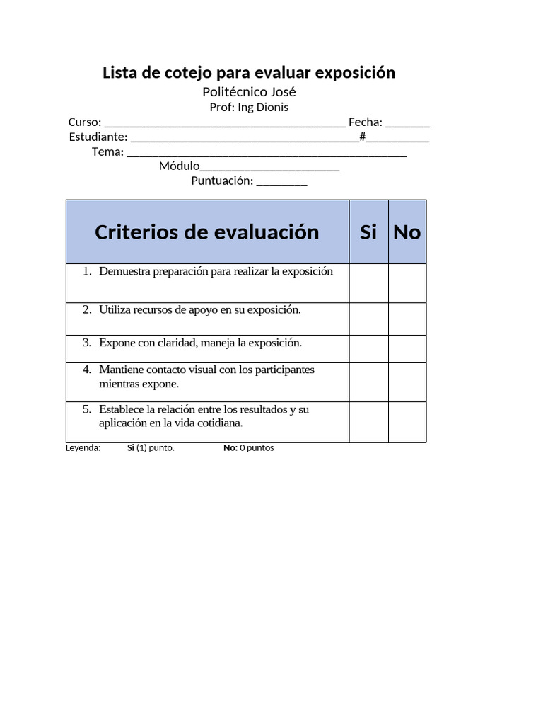 Lista de Cotejo para Evaluar Una Exposición | PDF