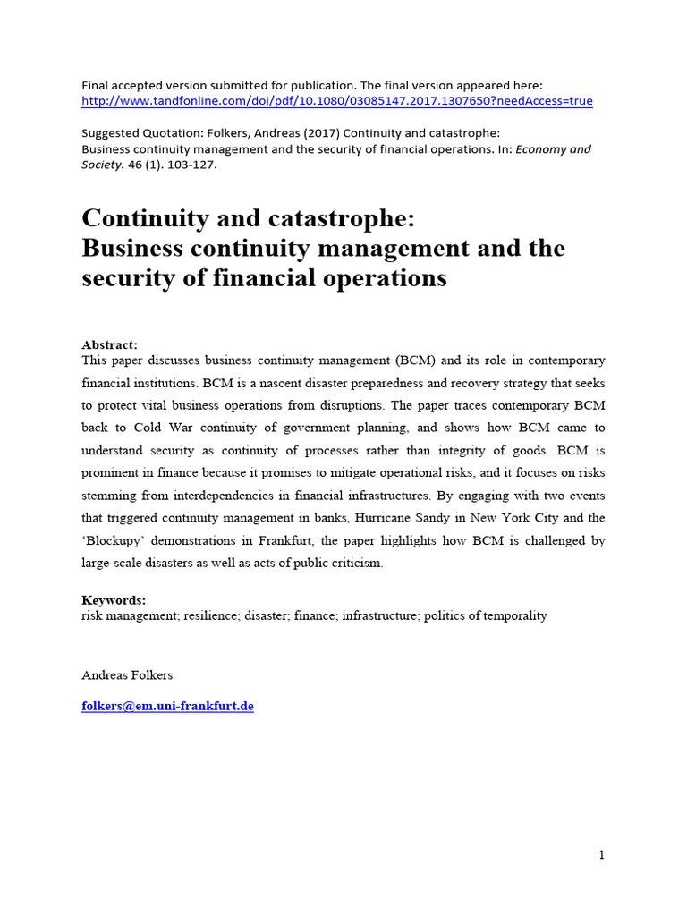 Continuity and Catastrophe Business Continuity Management and The ...