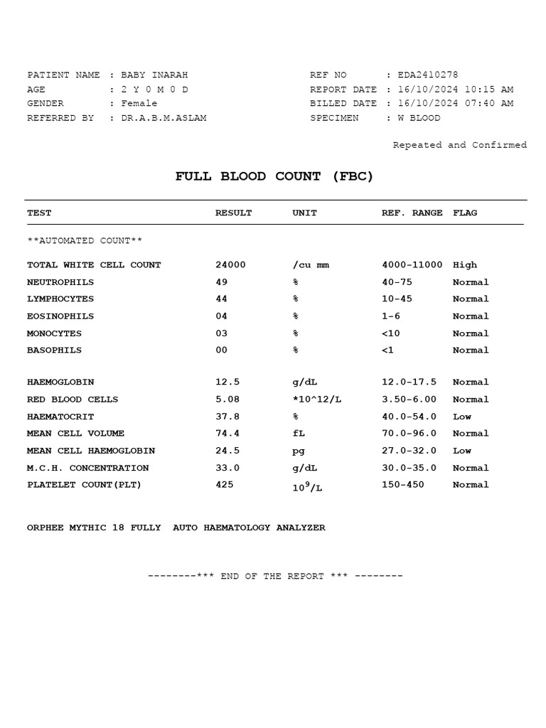 BABY - INARAH - FULL BLOOD COUNT (FBC) Whatsapp Report - EnVision | PDF