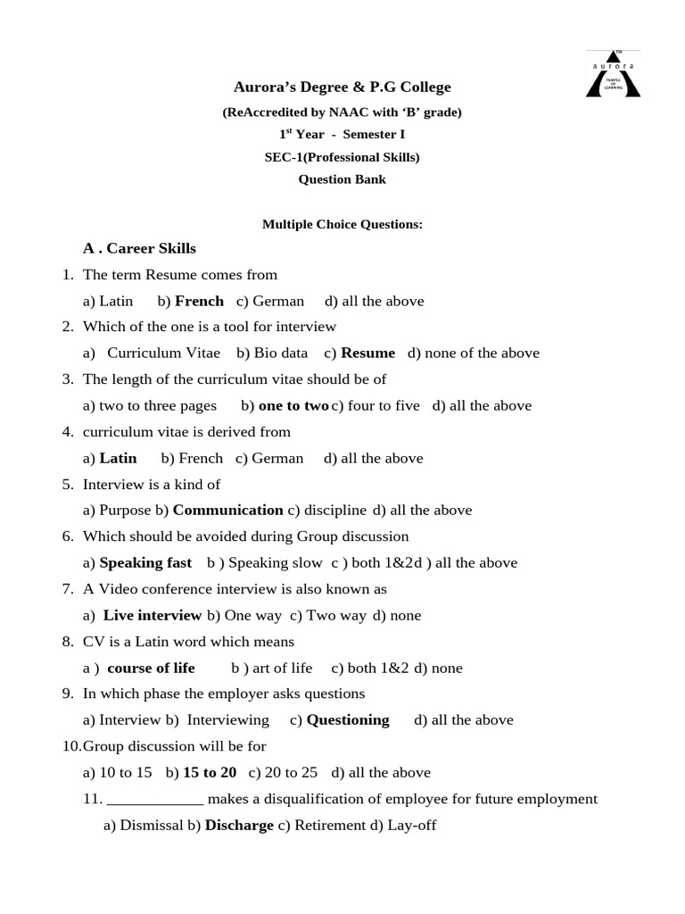 Professional Skills Question Bank | PDF | Résumé | Question