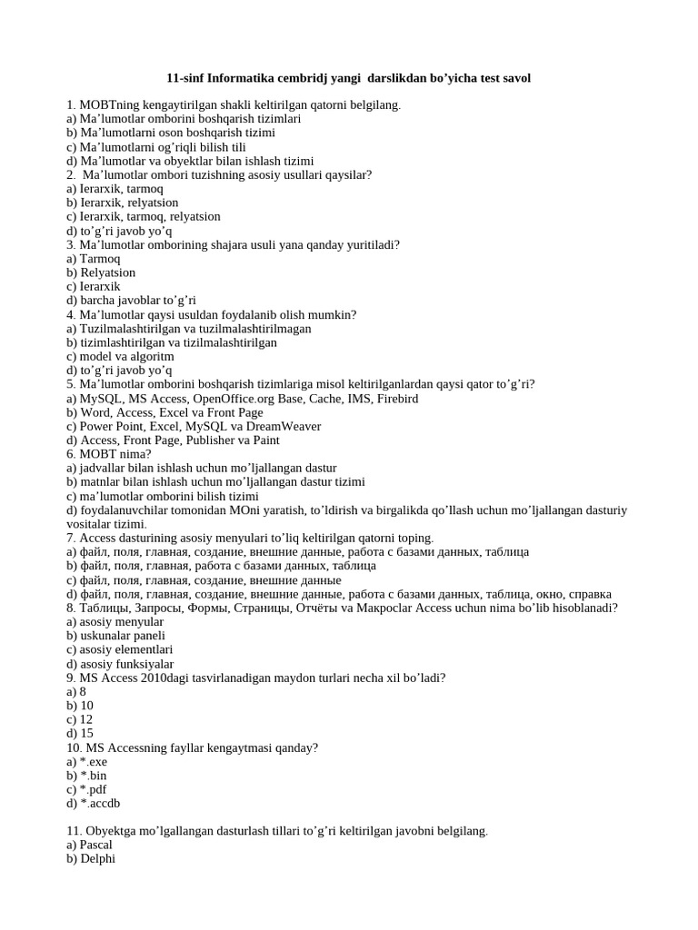 11-Sinf Informatika | PDF