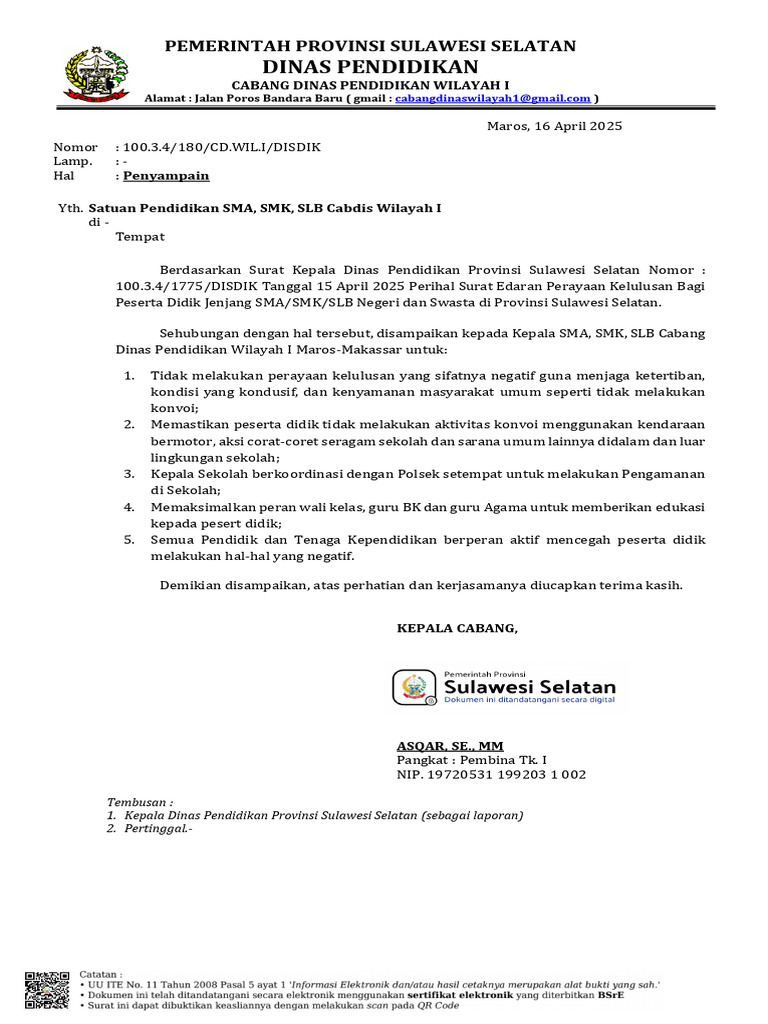 Surat Edaran Perayaan Kelulusan Cabdis 1 | PDF