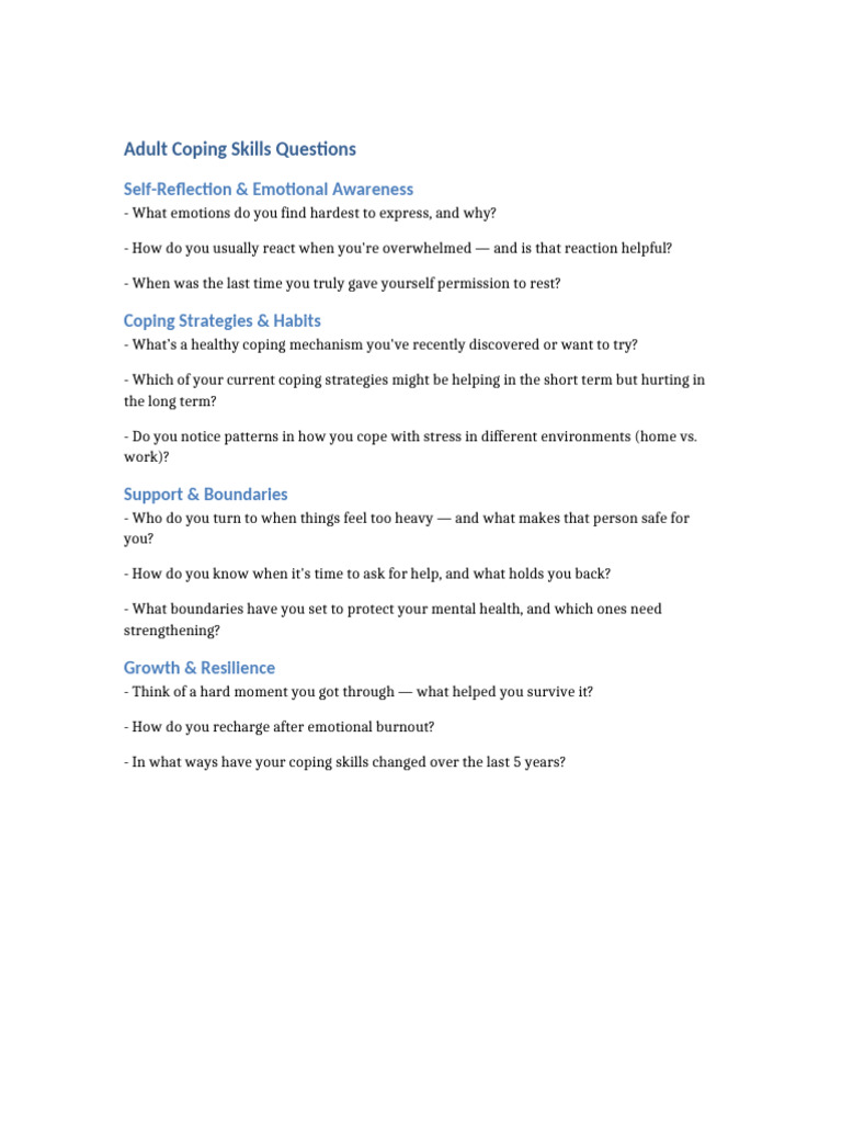 Adult Coping Skills Questions | PDF