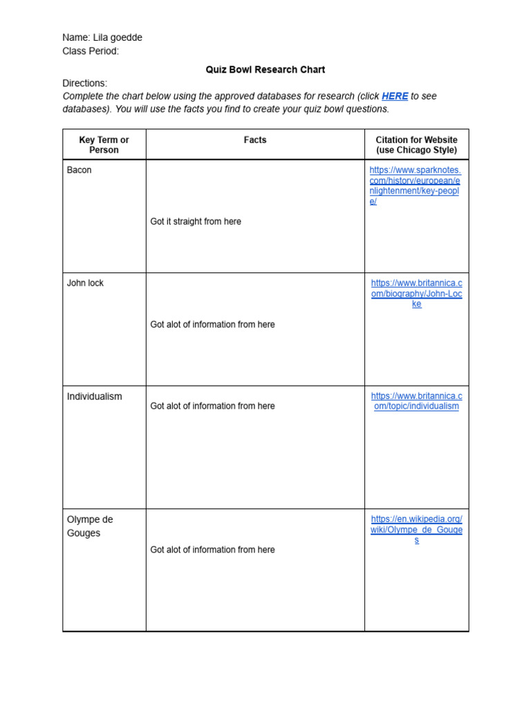 Quiz Bowl Research Chart Template | PDF