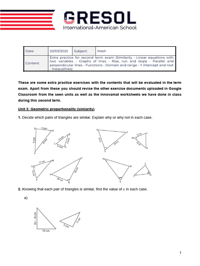 Math Exam Practice: Similarity & Linear Equations | PDF | Function ...