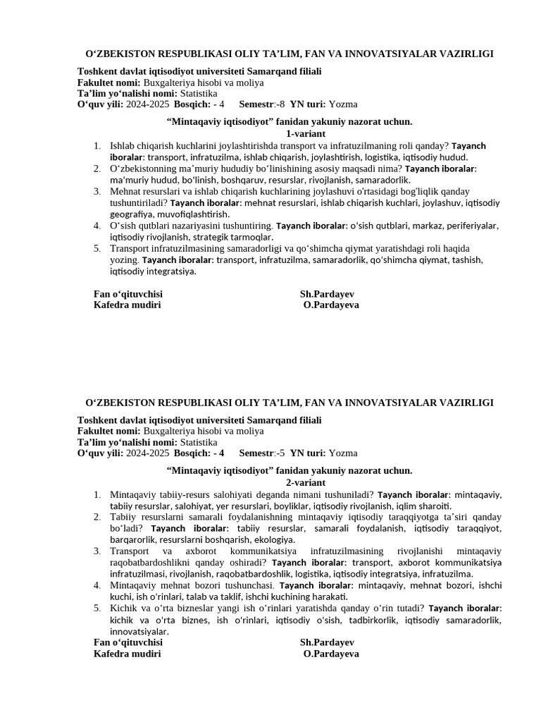 Yakuniy Biletlar Mintaqaviy Iqt | PDF