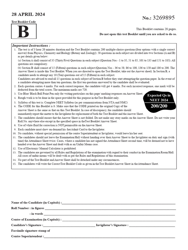 NEET Exam Instructions and Format Guide | PDF | Gases | Photoelectric ...