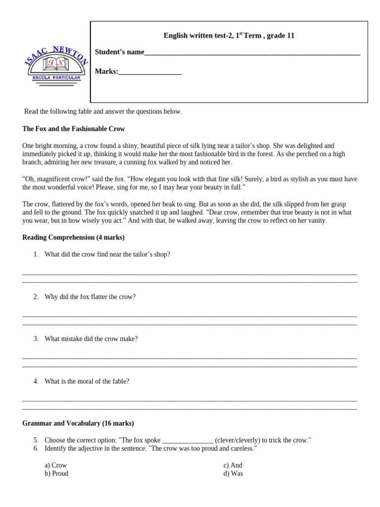 Grade 11 Test-2 | PDF | Syntax | Grammar