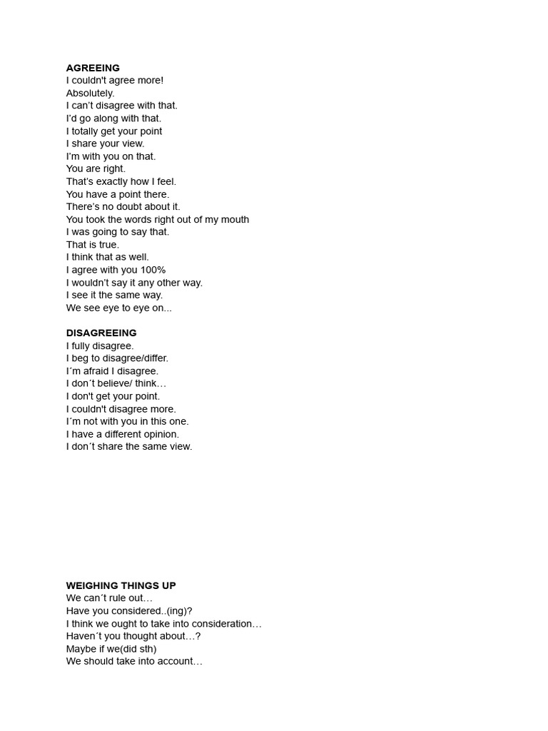 Scribd Speaking Phrases for Agreeing, Disagreeing, Weighing Things Up | PDF