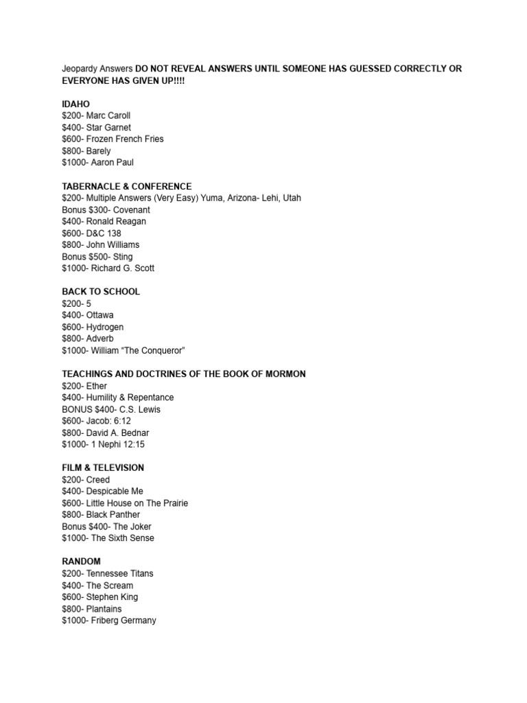 Jeopardy Questions and Answers List | PDF