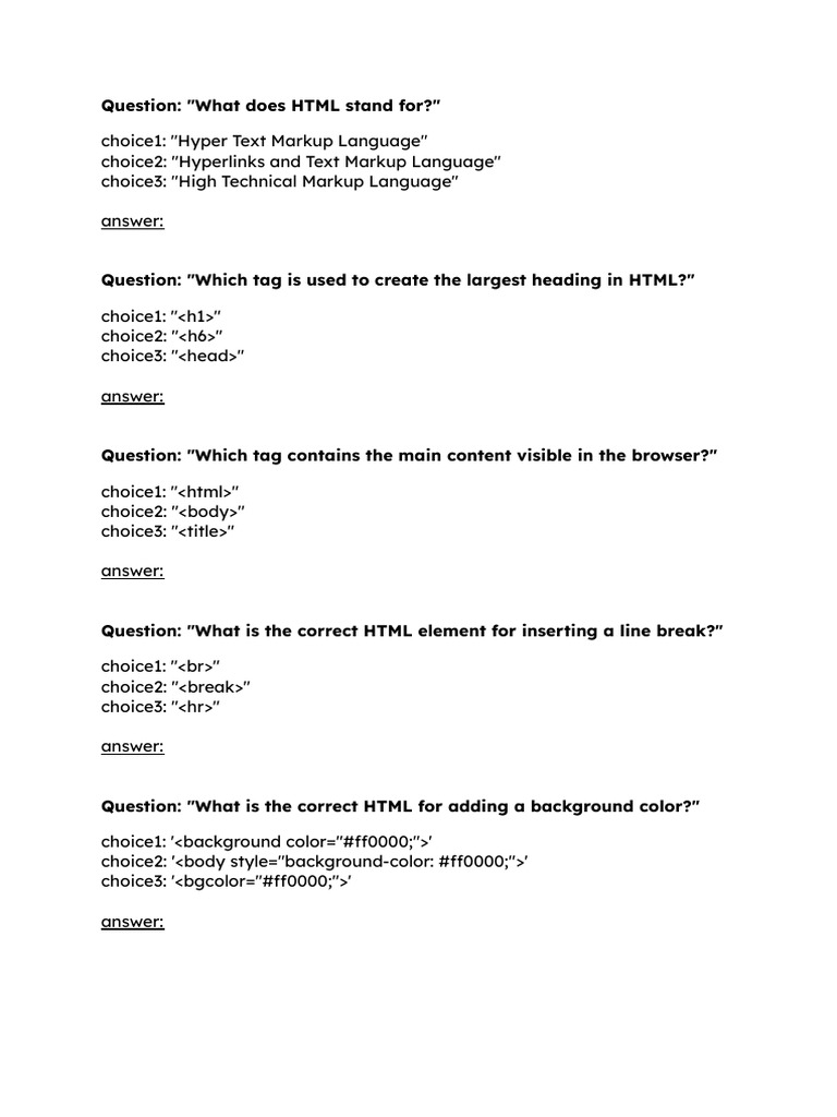 Networking and HTML Quiz No Answers | PDF | Html Element | Html