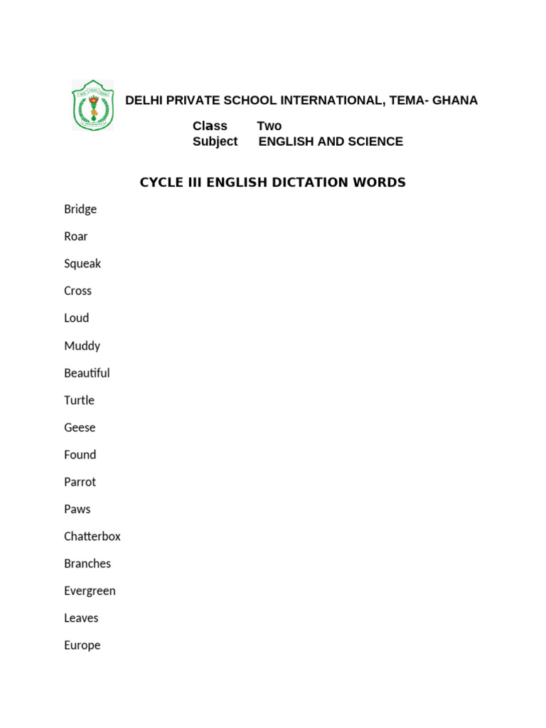 Grade 2 Cycle 3 English and Science Dictation Words | PDF