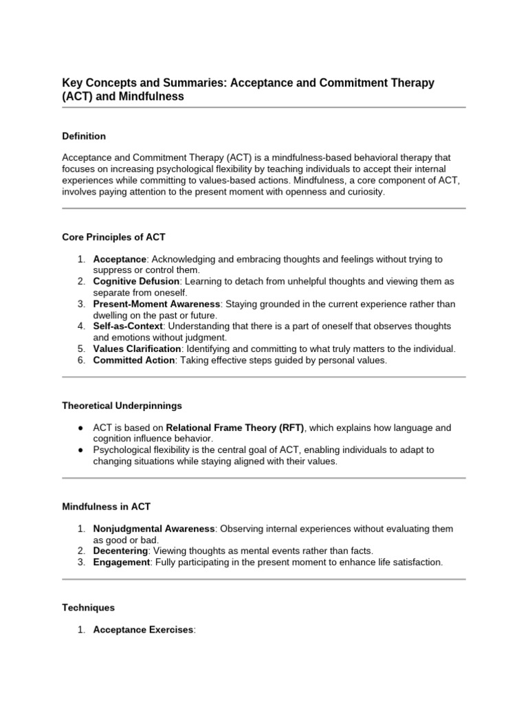 (ACT) and Mindfulness Key Concepts and Summaries - Acceptance and ...