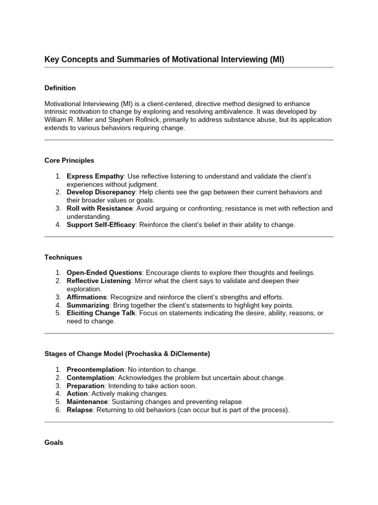 (MI) Key Concepts and Summaries of Motivational Interviewing | PDF | Psychological Theories ...