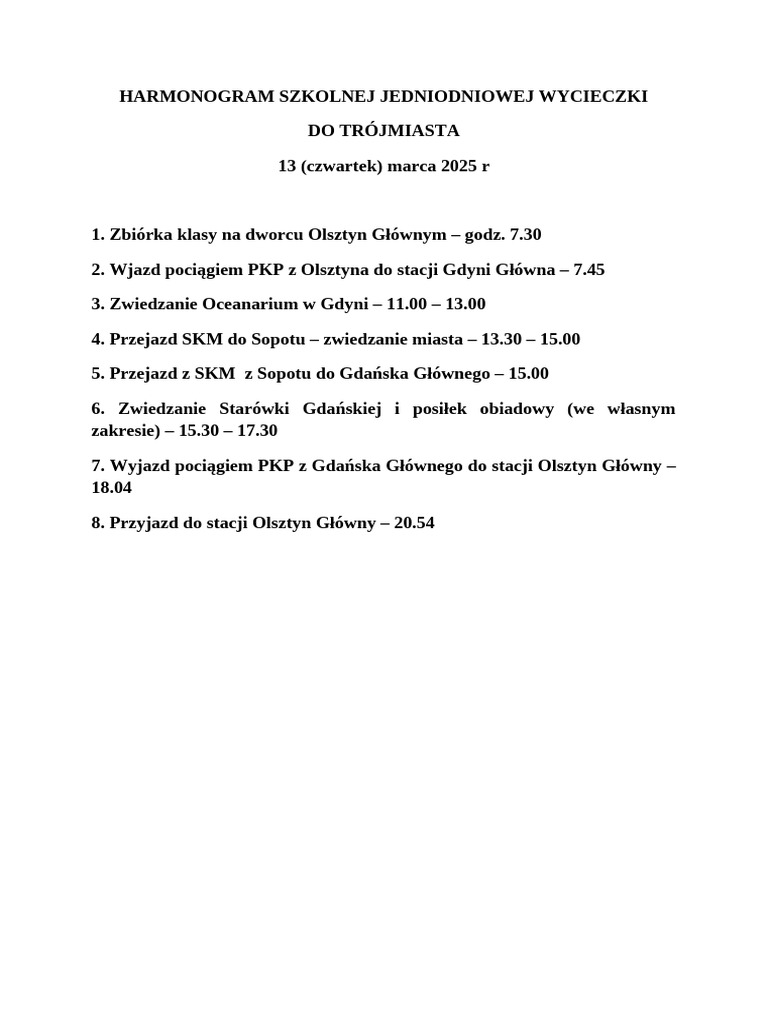 Harmonogram Wycieczki 2025 | PDF