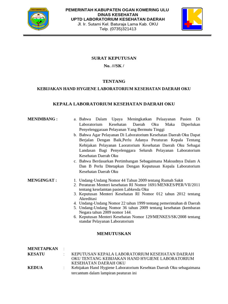 SK Kebijakan Hand Hygiene Laboratorium Kesehatan Daerah Oku | PDF