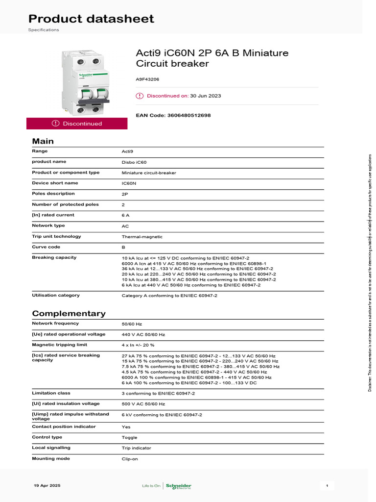 Schneider Electric Miniature Circuit Breaker Acti9 IC60 A9F43206 | PDF | Components | Electric ...