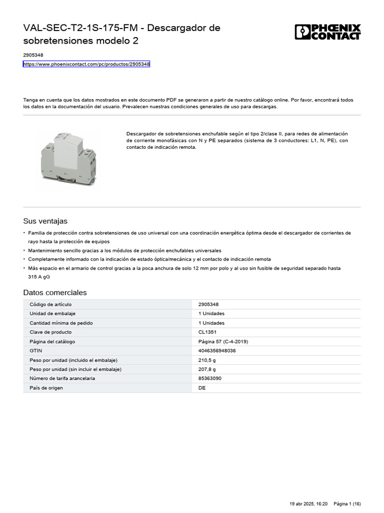 Descargador de Sobretensiones 2905348 | PDF | Tornillo | Corriente ...