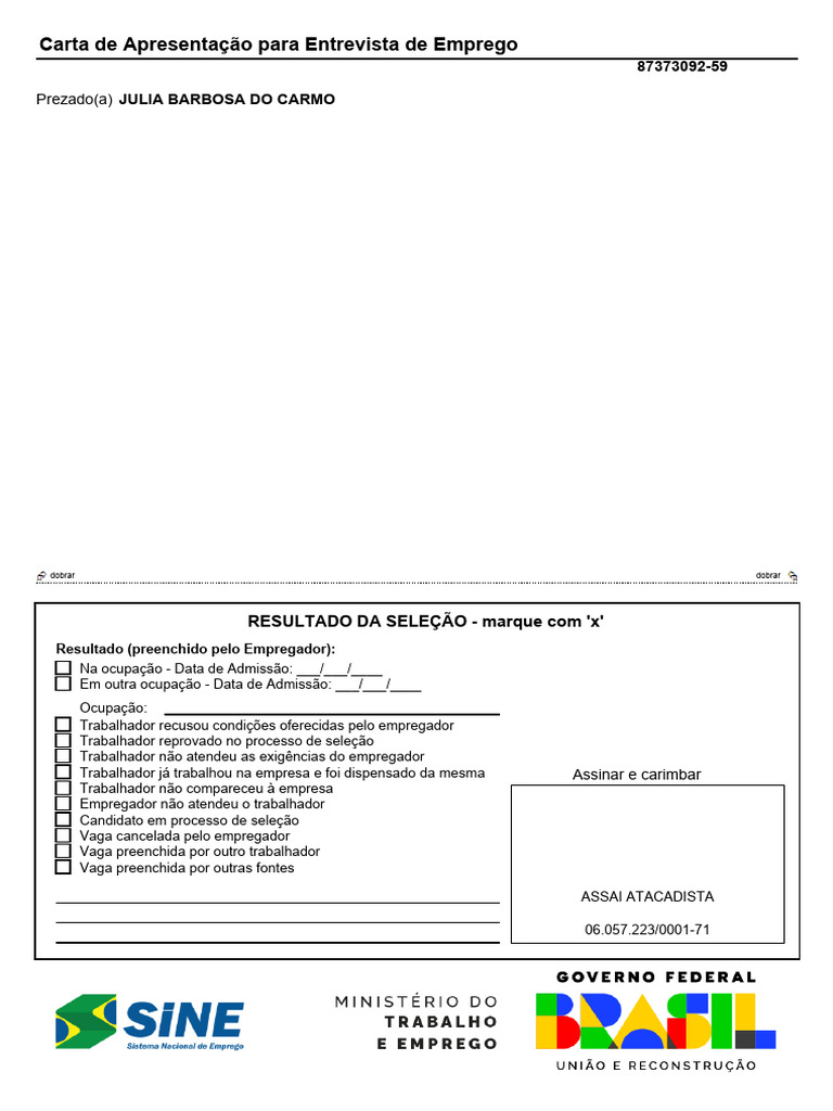 Carta Apresentacao Entrevista JULIA BARBOSA DO CARMO | PDF