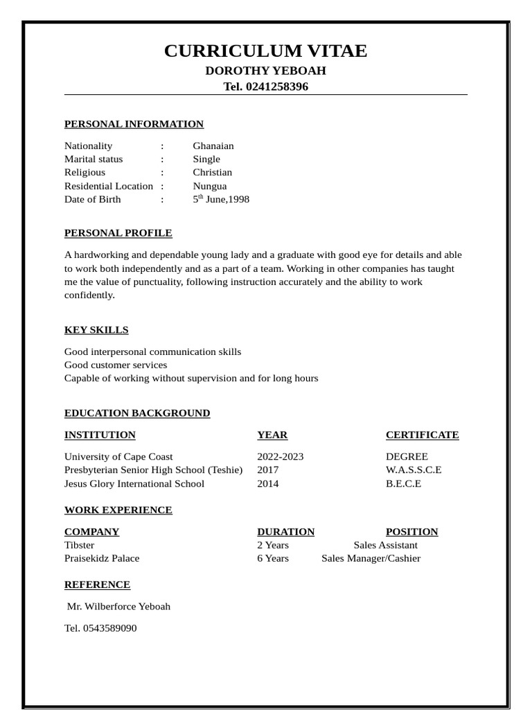 Dorothy Yeboah's CV and Skills Summary | PDF