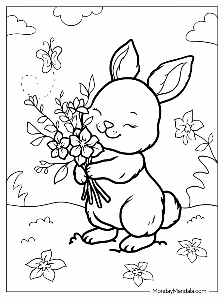 Happy-Easter-Bunny-Holding-Flower-Bouquet-Coloring-Page-For-Kids | PDF