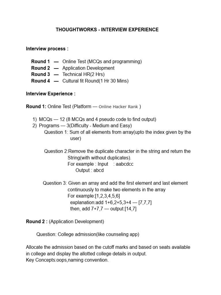 Thoughtworks - Interview Experience | PDF