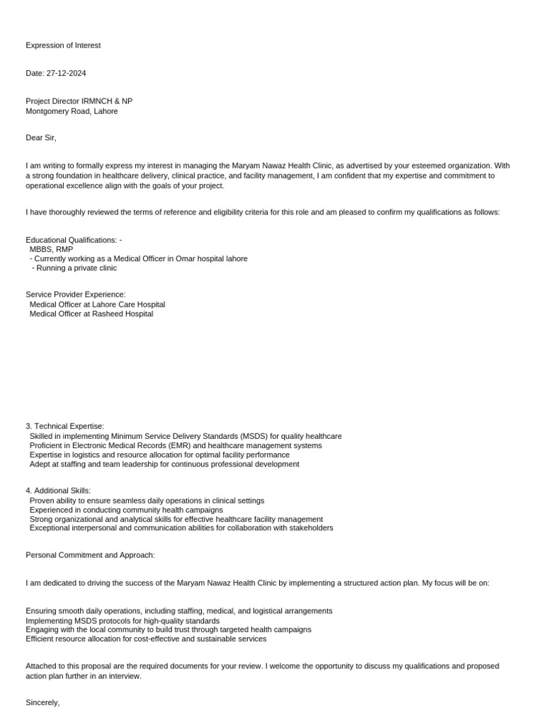 EOI for Managing Maryam Nawaz Clinic | PDF