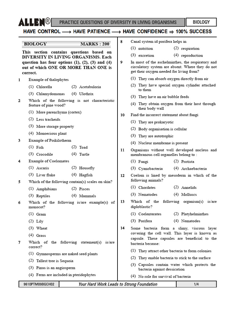 Diversity in Living Organisms Quiz | PDF | Cell (Biology) | Organisms