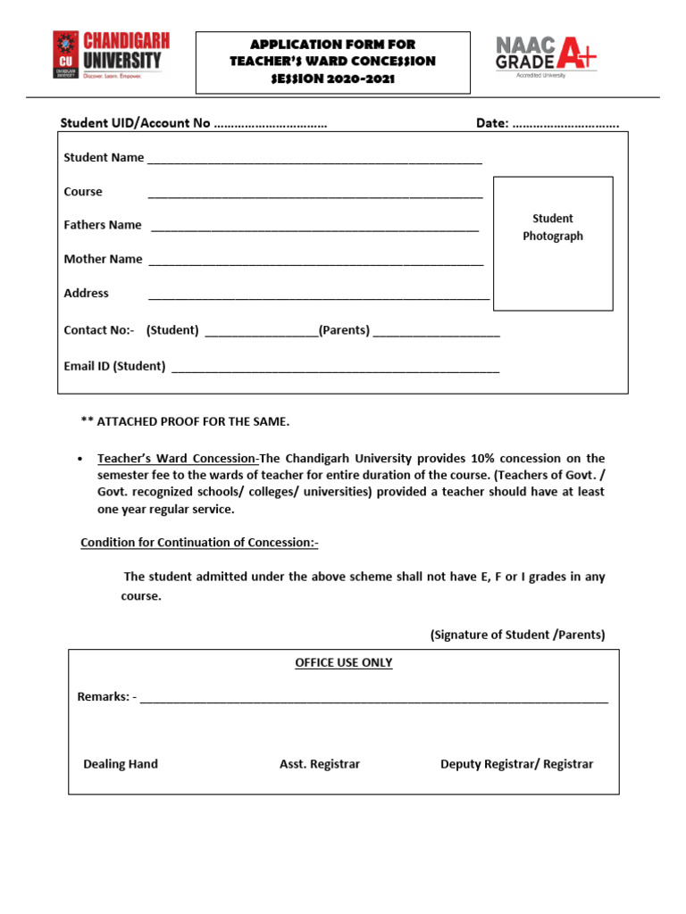 Teacher's Ward Concession Application Form | PDF