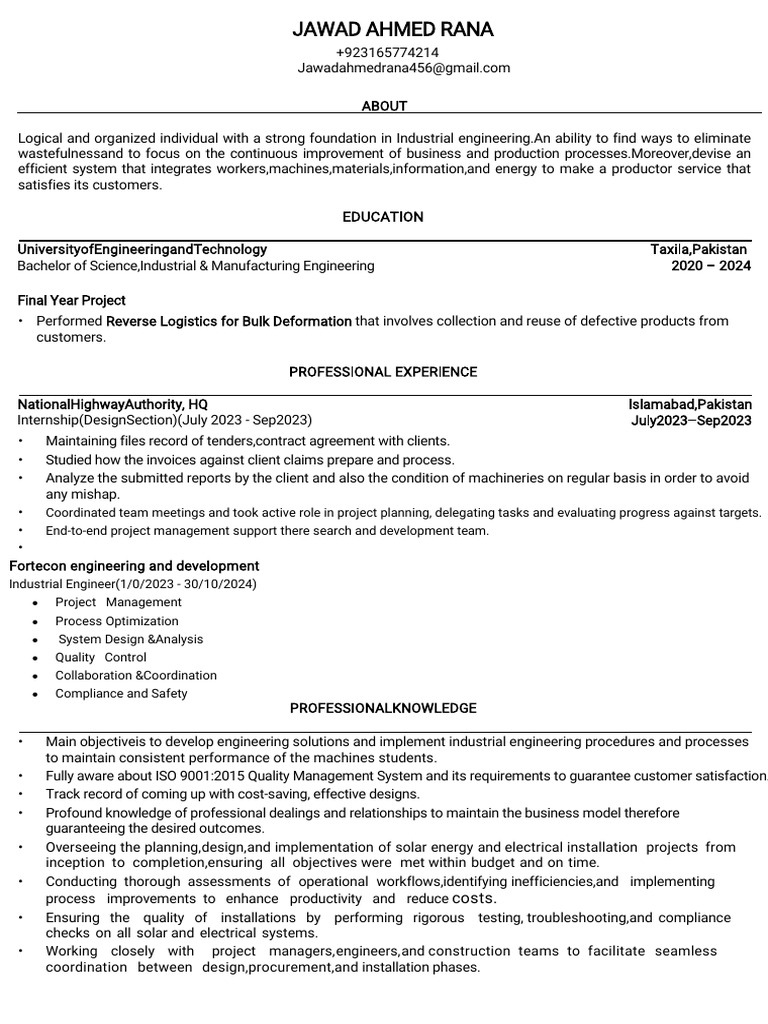 Jawad Rana CV Official-1 Personal-1 | PDF | Industrial Engineering | Project Management