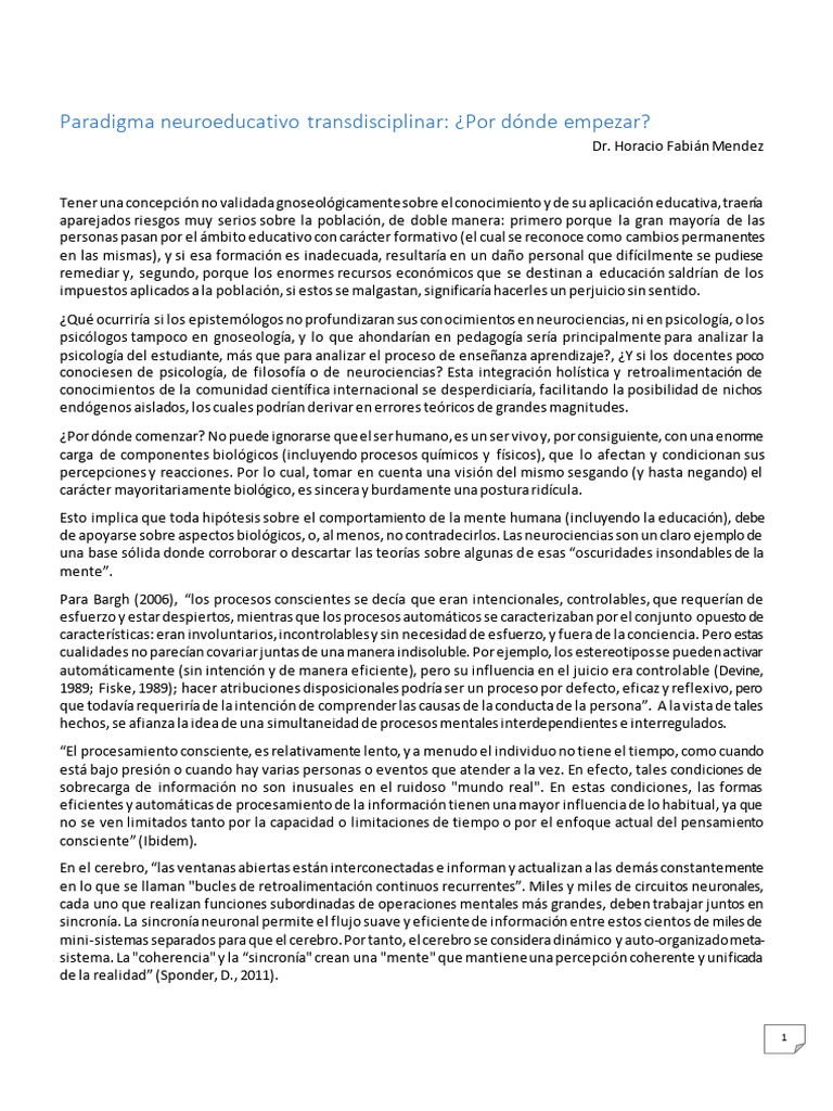 Neuroeducación Mendez Horacio | PDF | Mente | Pensamiento