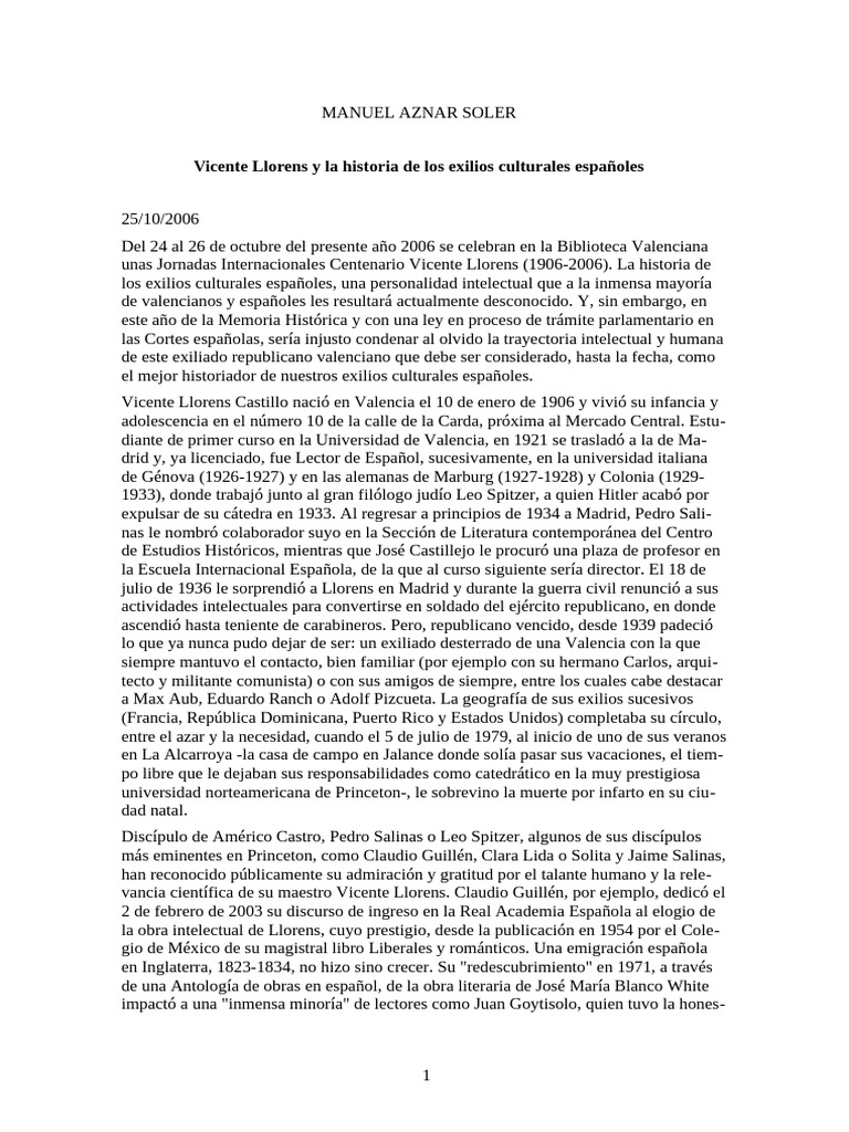 MANUEL AZNAR SOLER Vicente Llorens y La Historia de Los Exilios Culturales Españoles 251006 ...